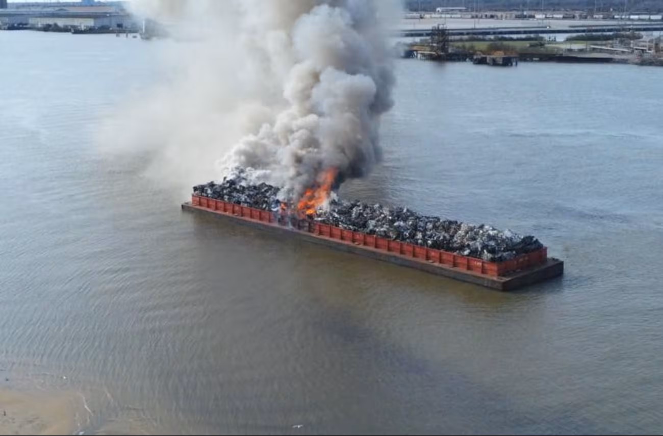 Mobile River Barge Fire Burns Into the Night – Blue RAM Media